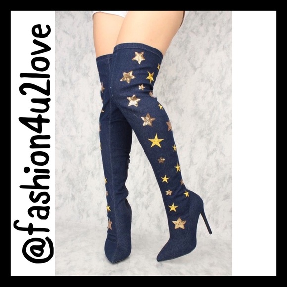 Weeboo | Shoes | Sexy Dark Blue Star Embroider Thigh High Boots | Poshmark